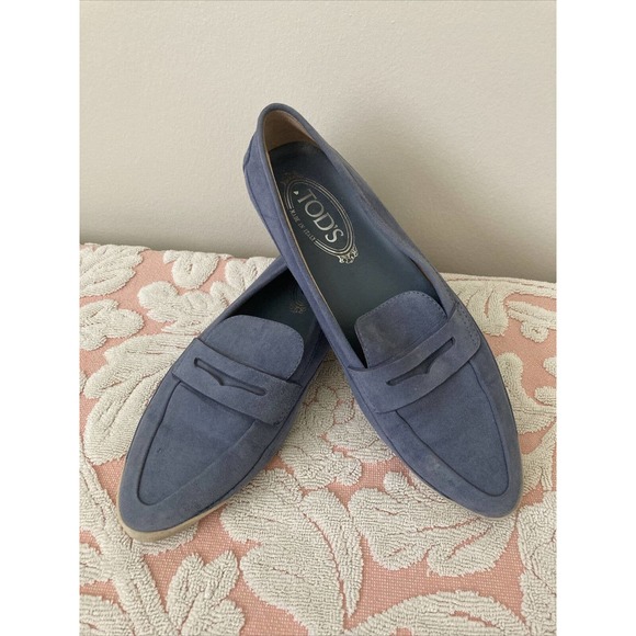 Tod's | Shoes | Tods Blue Suede Loafers 37 Pointed Toe White Trim ...